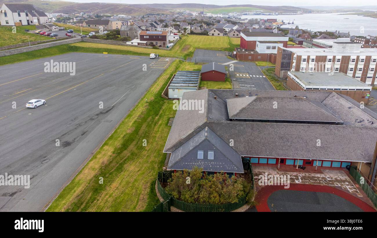 Aerial view of the old Anderson High School in Lerwick, Shetland ...