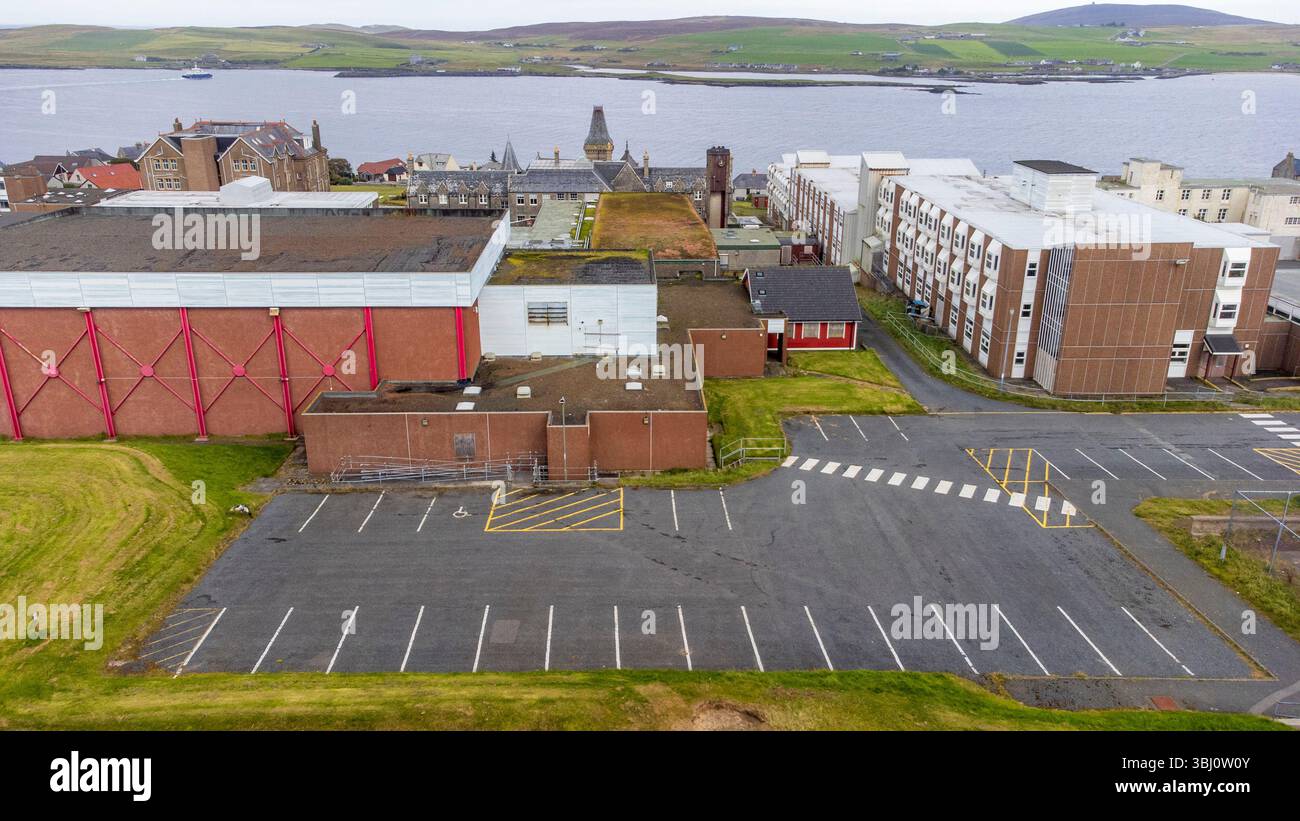 Aerial view of the old Anderson High School in Lerwick, Shetland ...
