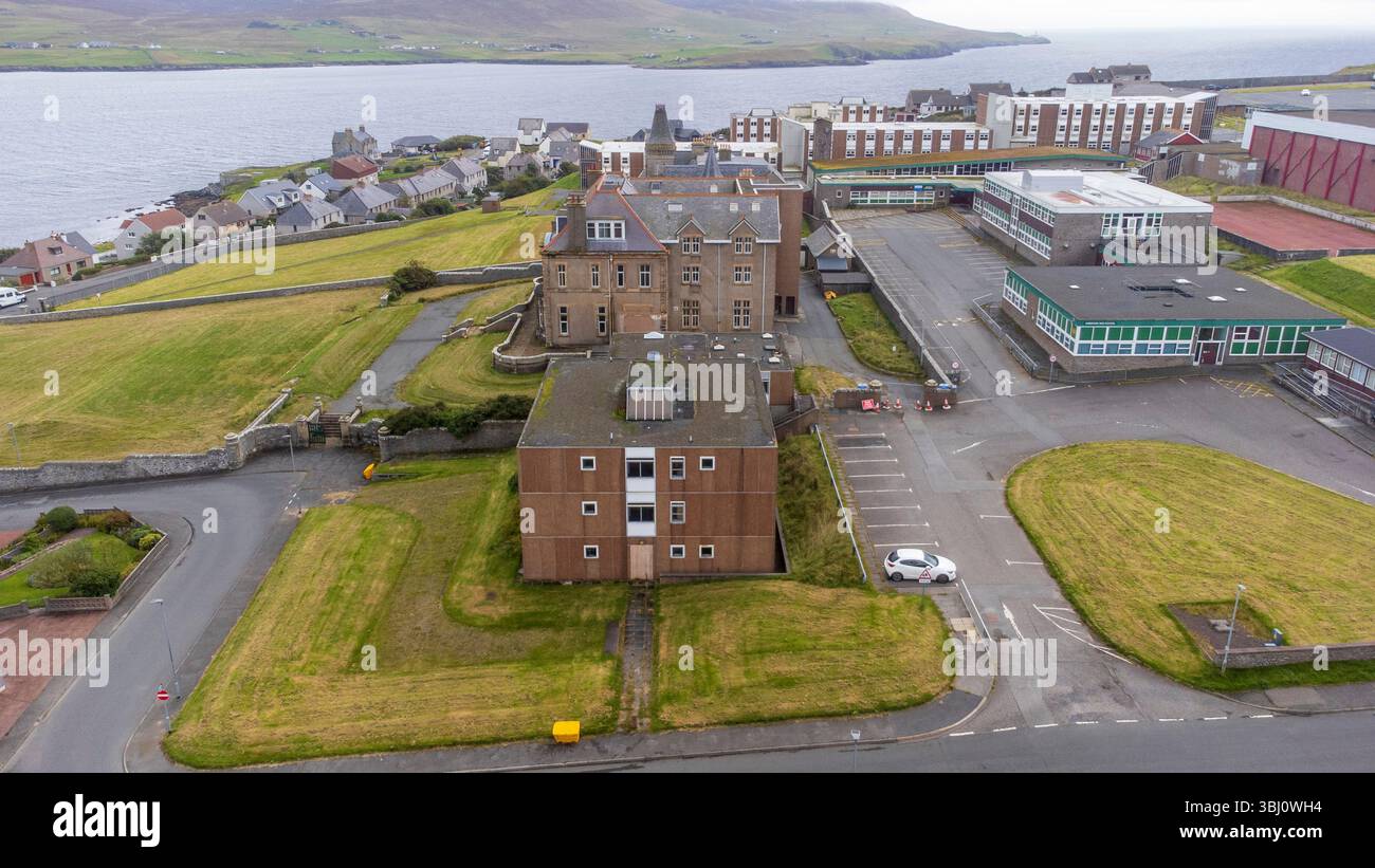 Aerial view of the old Anderson High School in Lerwick, Shetland ...