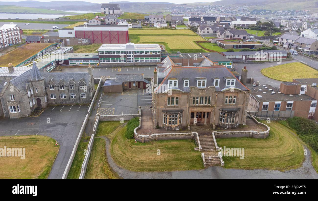 Aerial view of the old Anderson High School in Lerwick, Shetland ...