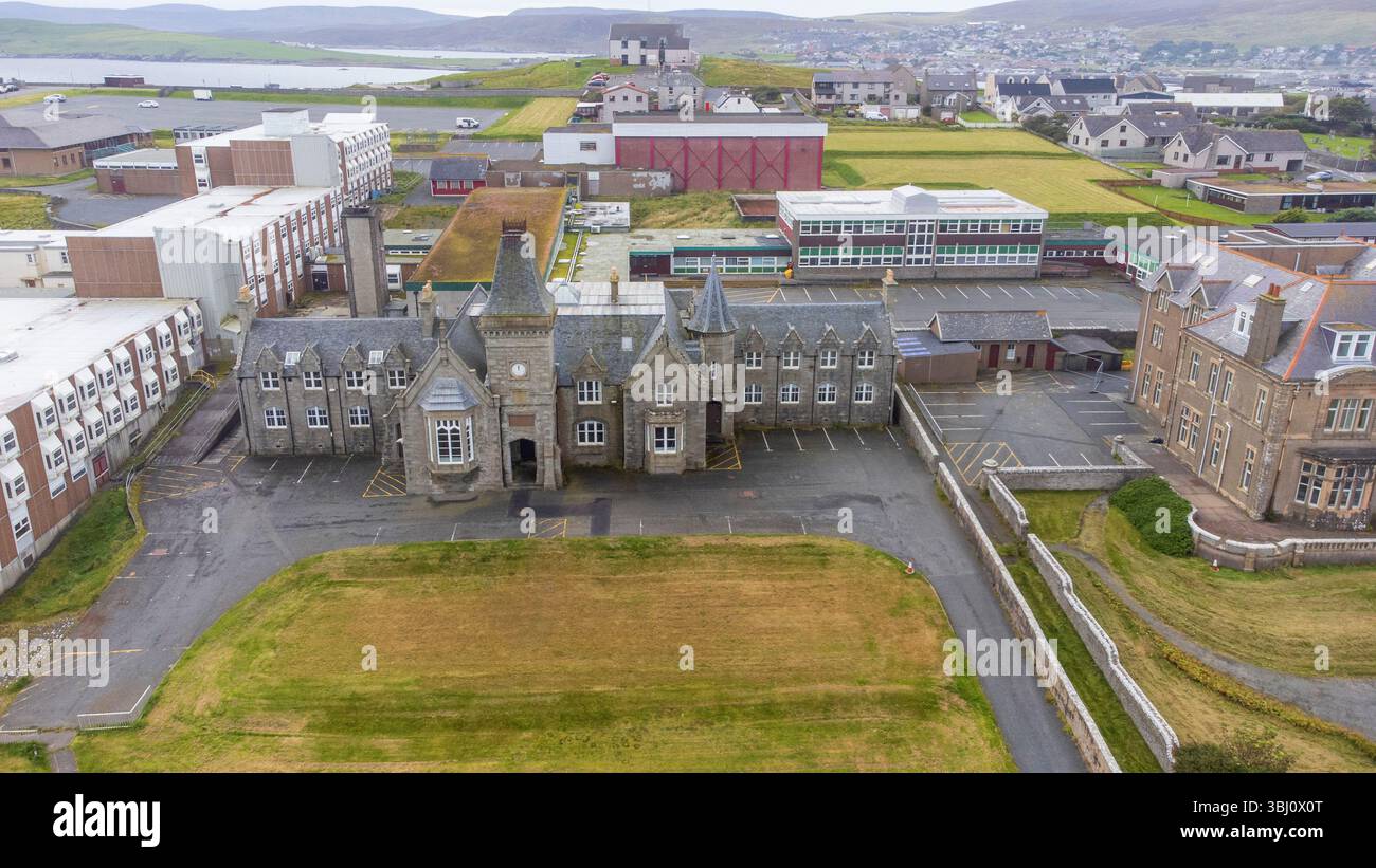 Aerial view of the old Anderson High School in Lerwick, Shetland ...