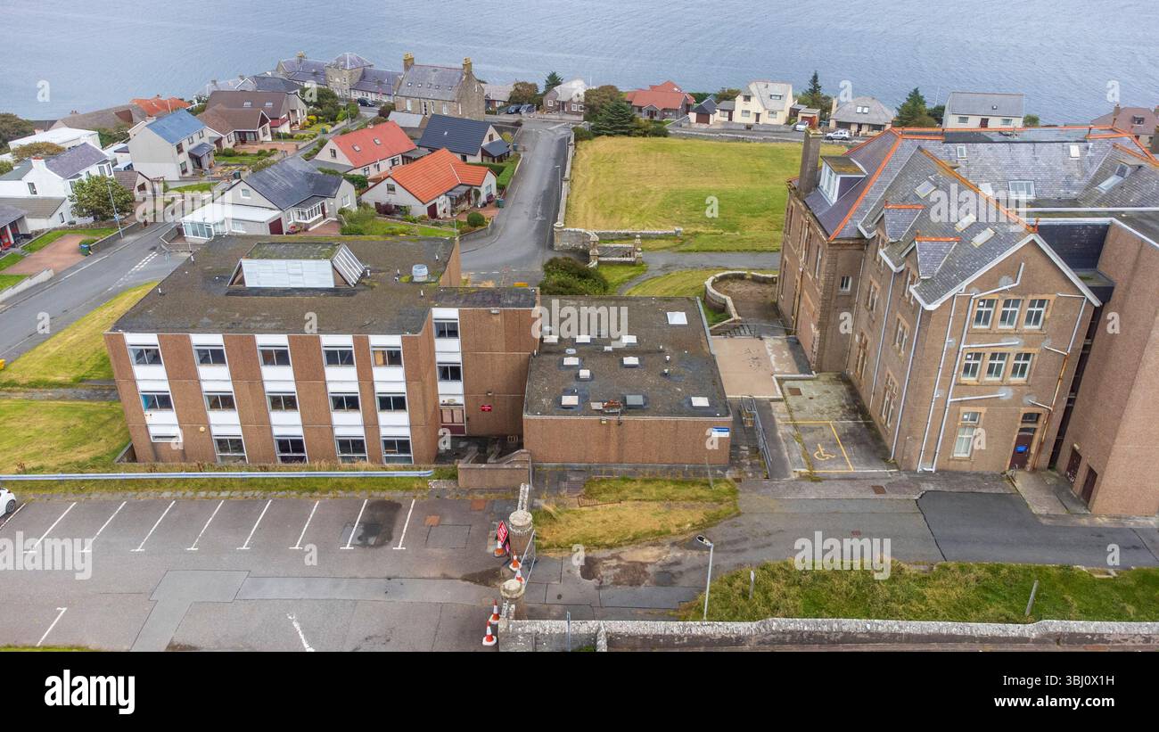 Aerial view of the old Anderson High School in Lerwick, Shetland ...