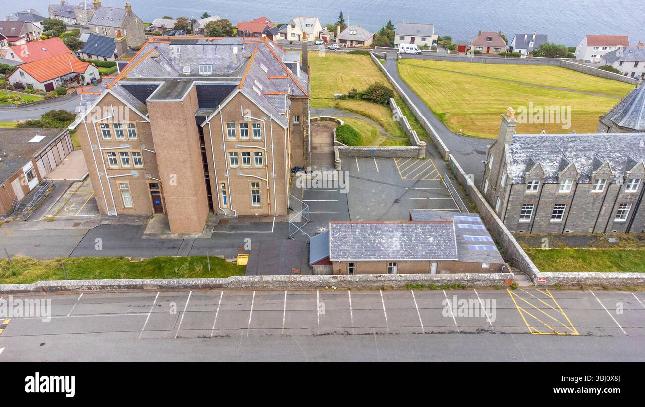 Aerial view of the old Anderson High School in Lerwick, Shetland ...