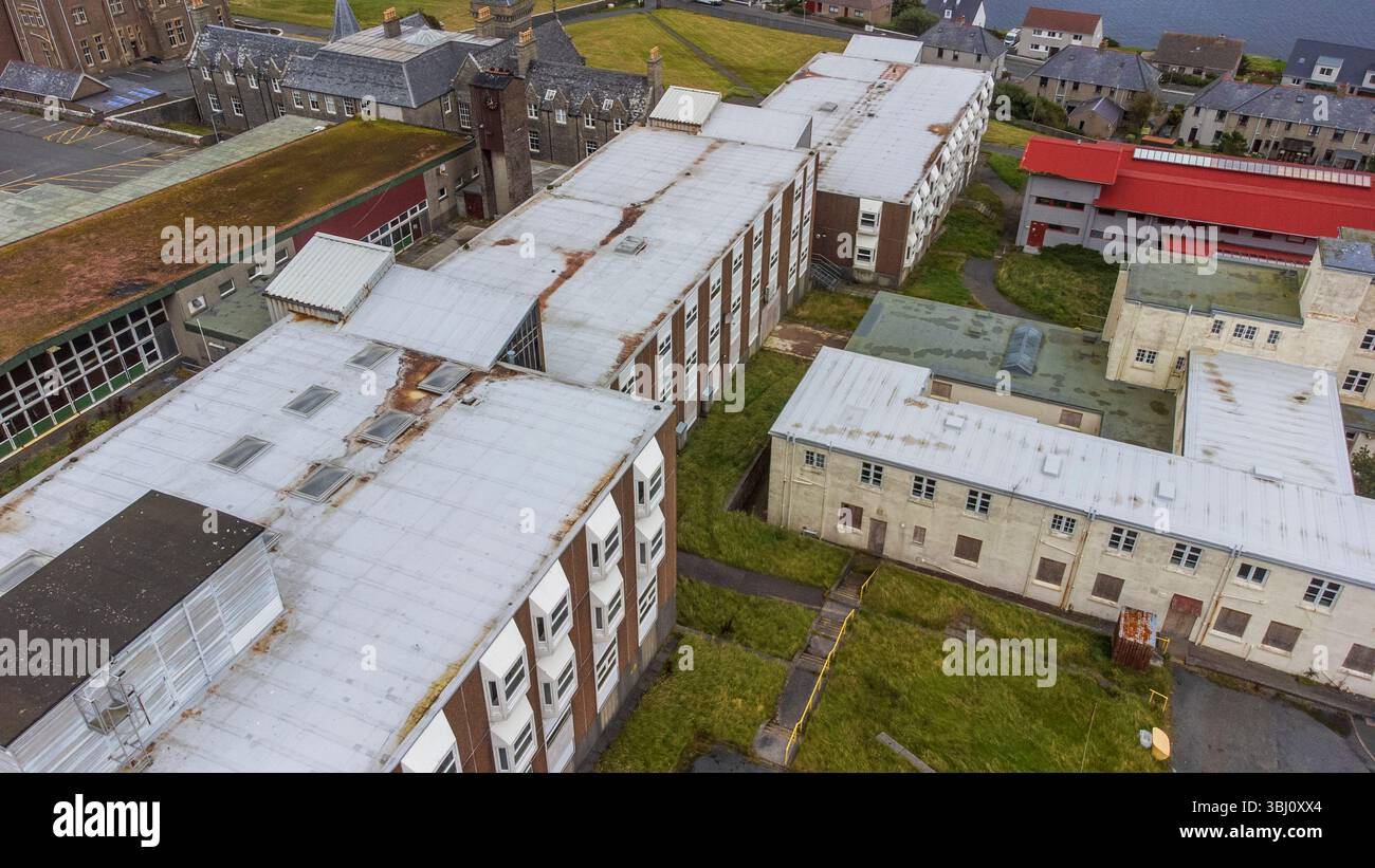 Aerial view of the old Anderson High School in Lerwick, Shetland ...