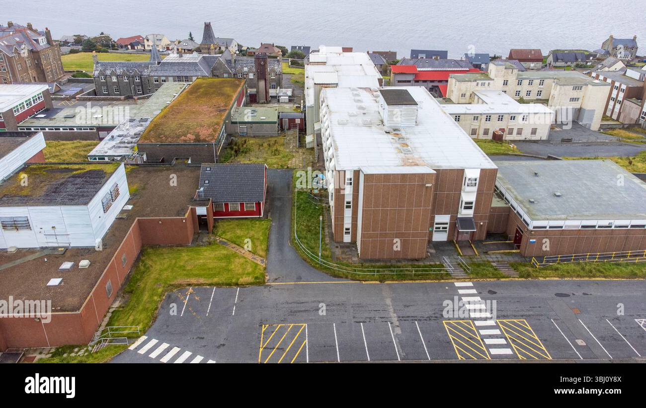 Aerial view of the old Anderson High School in Lerwick, Shetland ...