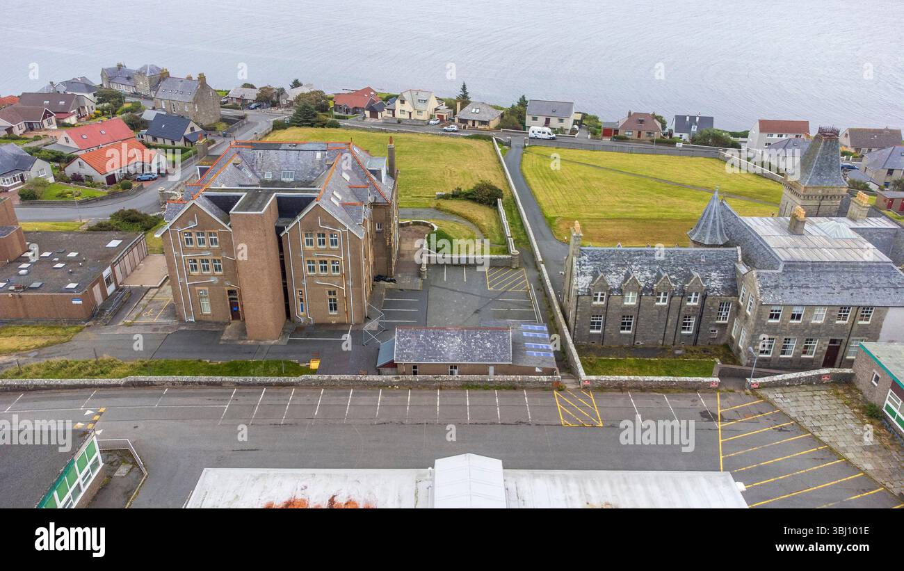 Aerial view of the old Anderson High School in Lerwick, Shetland ...