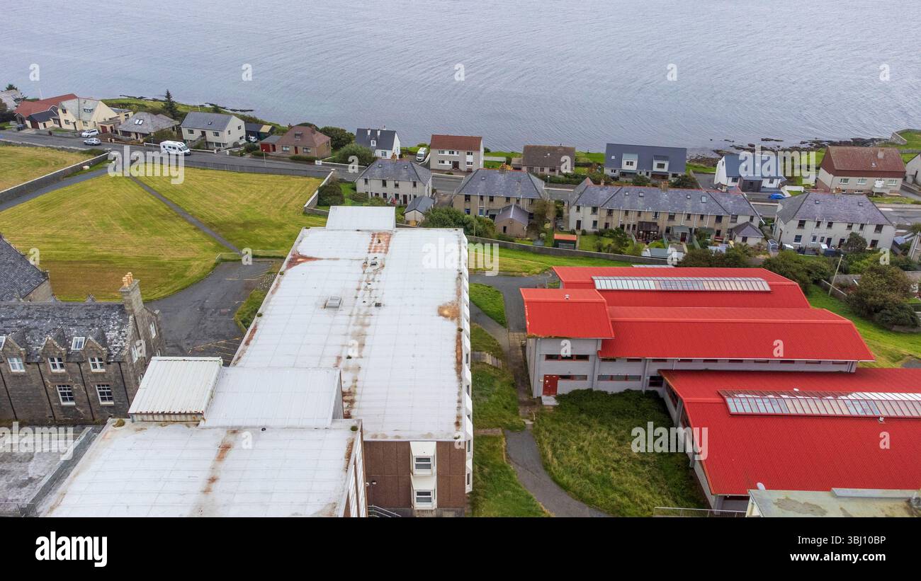 Aerial view of the old Anderson High School in Lerwick, Shetland ...