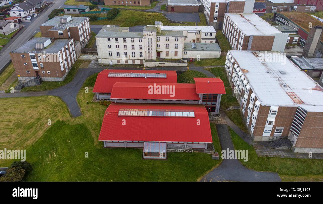 Aerial view of the old Anderson High School in Lerwick, Shetland ...