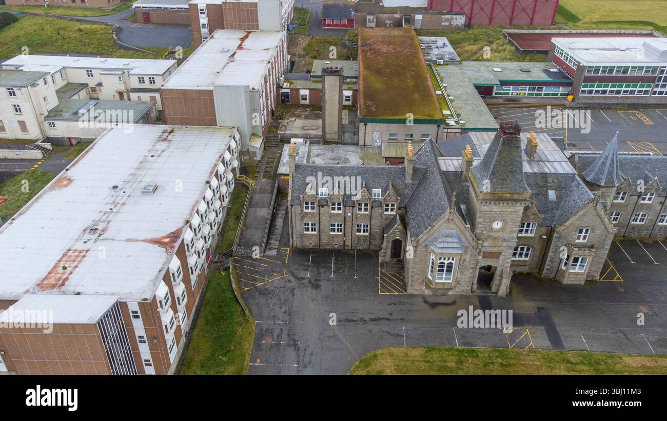Aerial view of the old Anderson High School in Lerwick, Shetland ...