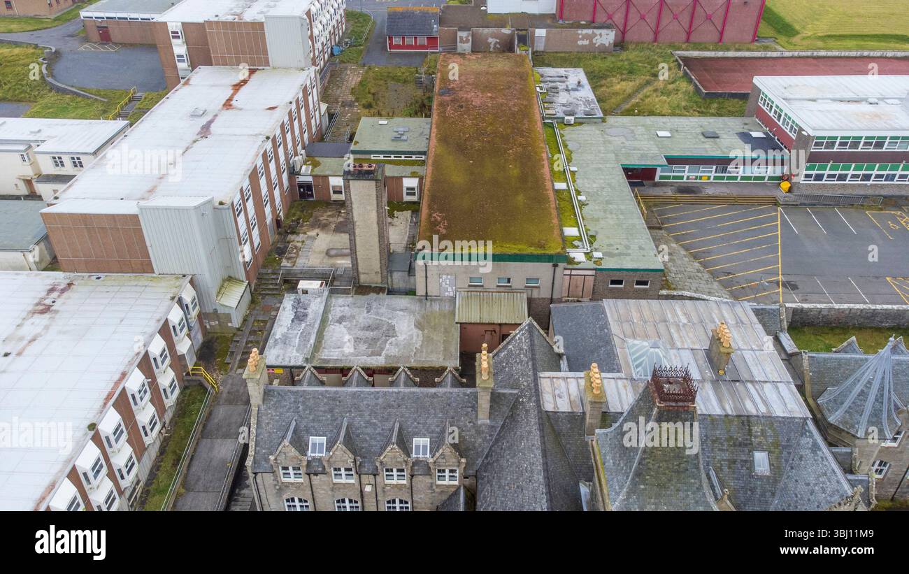 Aerial view of the old Anderson High School in Lerwick, Shetland ...