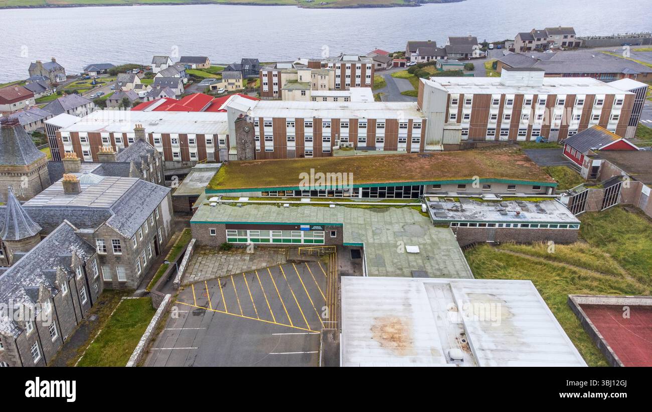 Aerial view of the old Anderson High School in Lerwick, Shetland ...