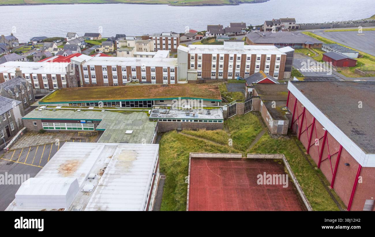 Aerial view of the old Anderson High School in Lerwick, Shetland ...