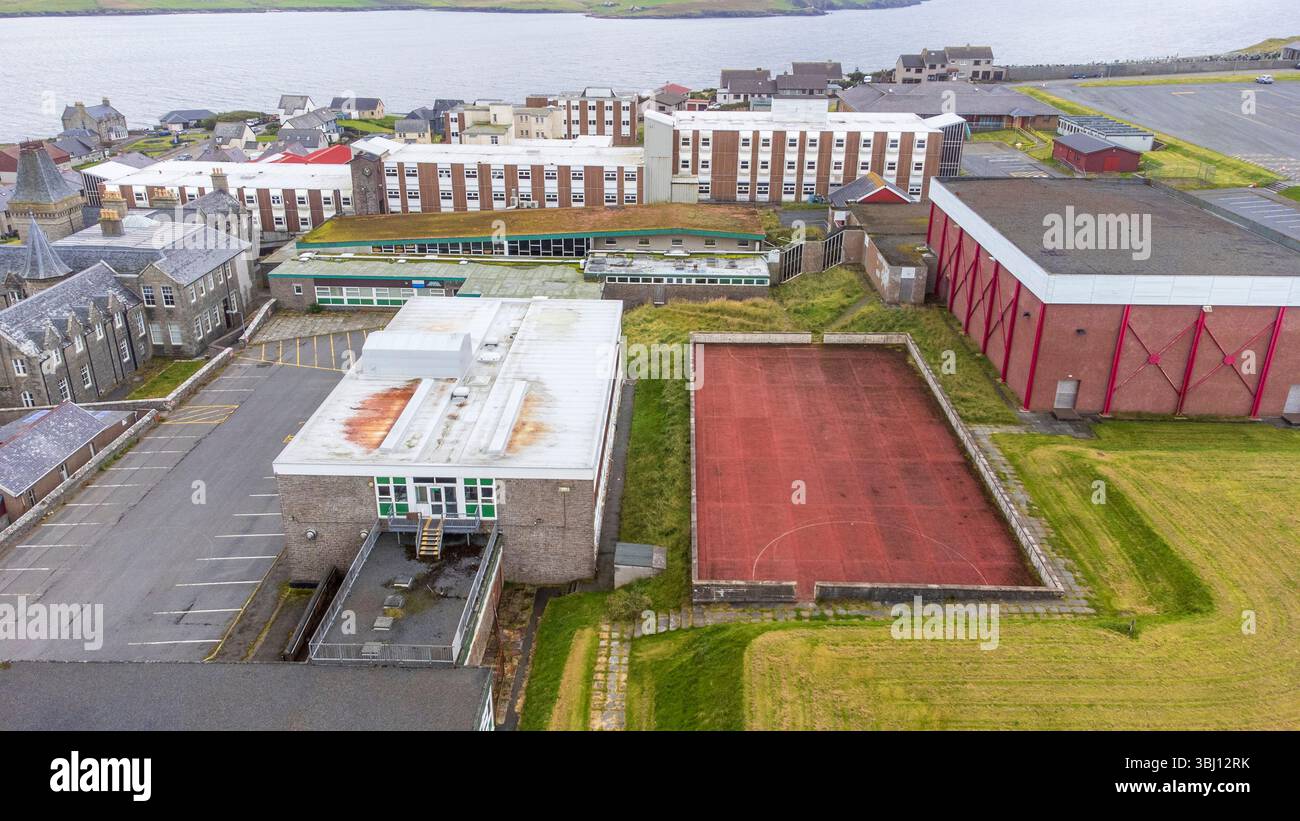 Aerial view of the old Anderson High School in Lerwick, Shetland ...