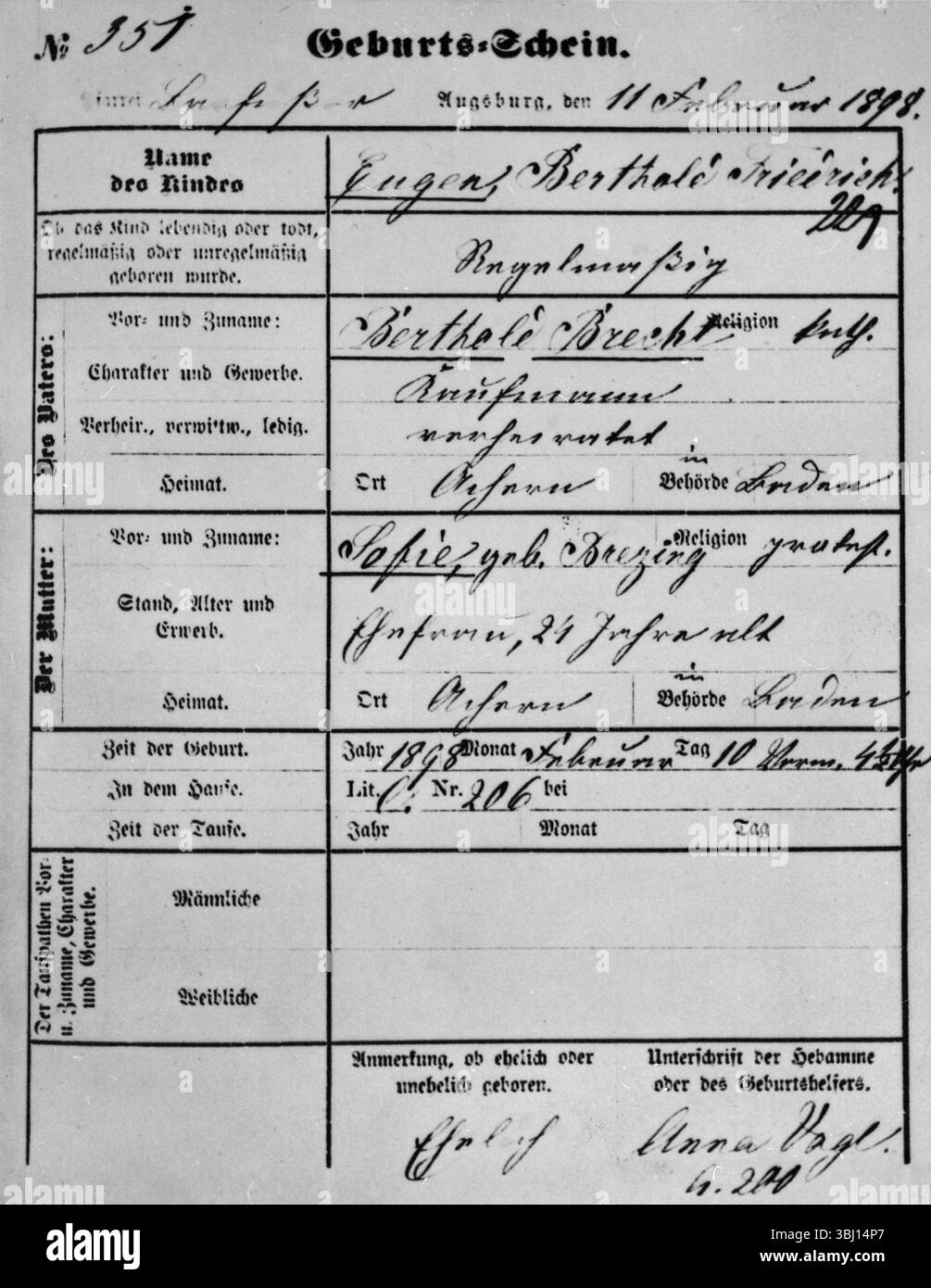 The birth certificate of German theatre practitioner and playwright ...