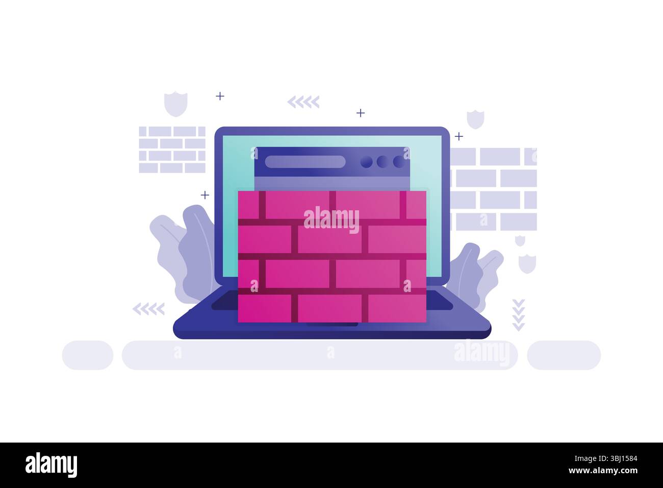 Vector illustration of laptop with pink firewall graphic and cybersecurity shield elements Stock ...