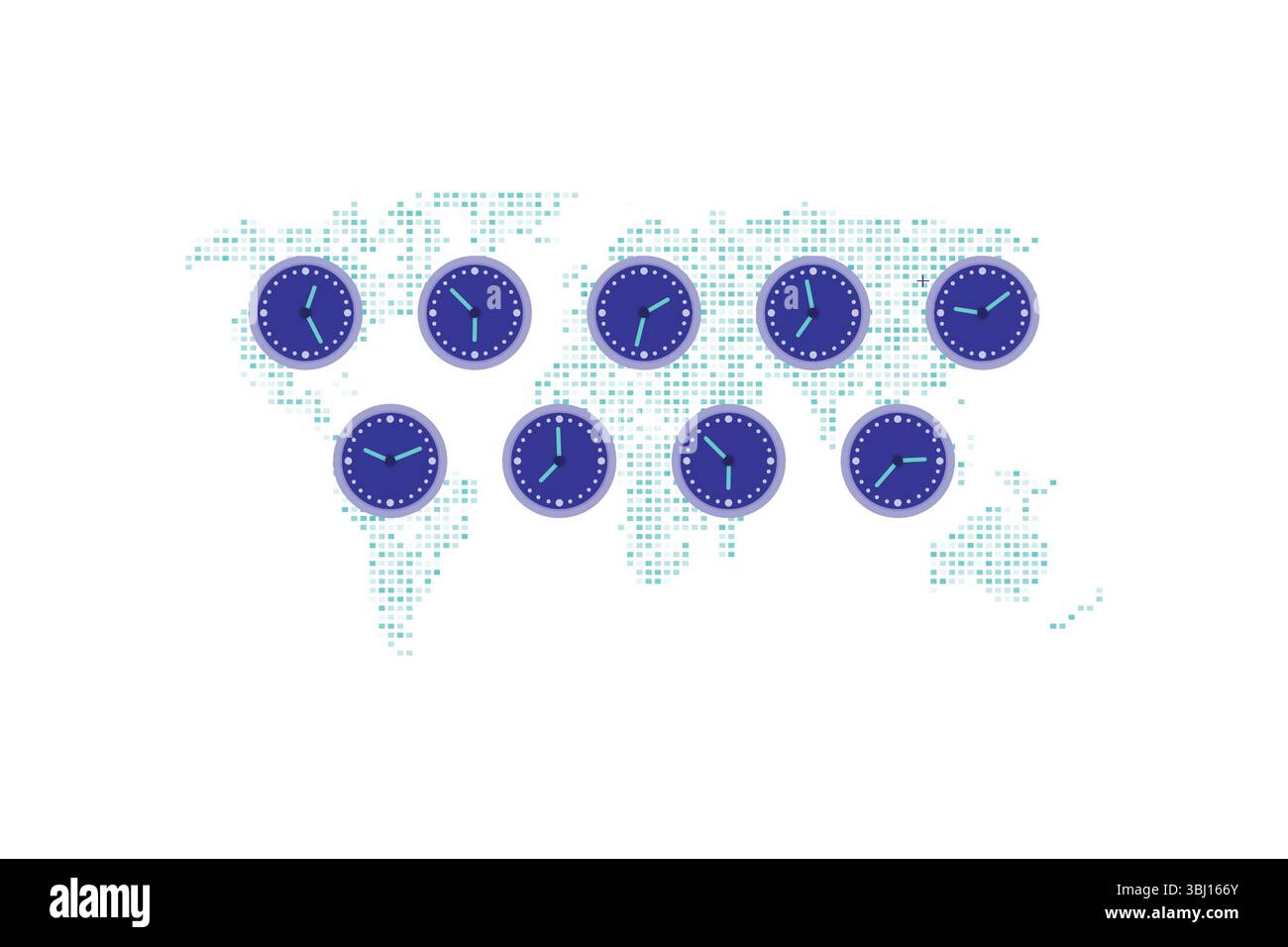 Digital Illustration of Pixelated World Map with Blue Clocks Showing Different Time Zones ...