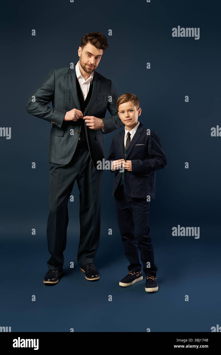 Dressed in matching suits, a father and son share a heartfelt moment of ...