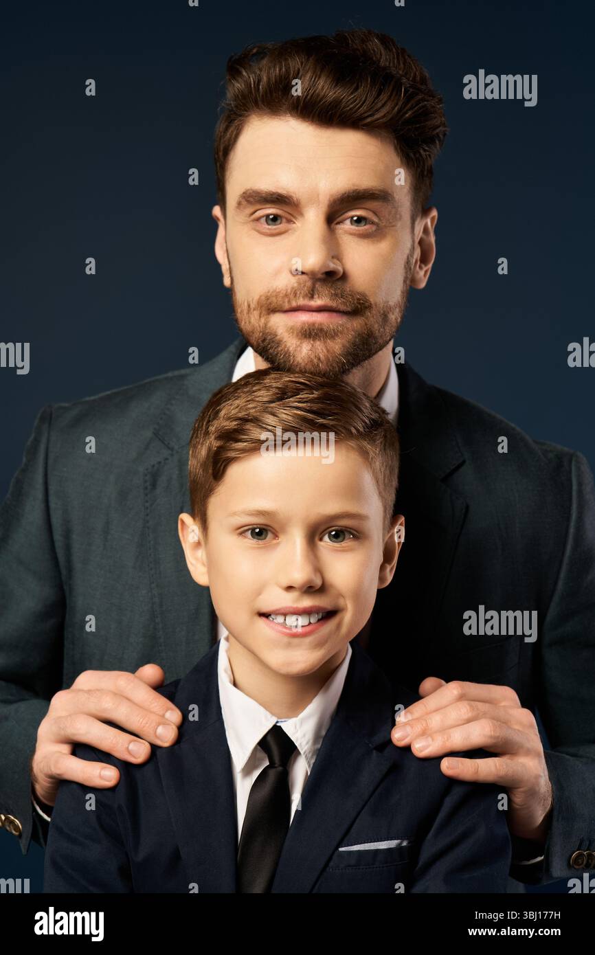 A father and son share a heartfelt moment, dressed in formal attire ...
