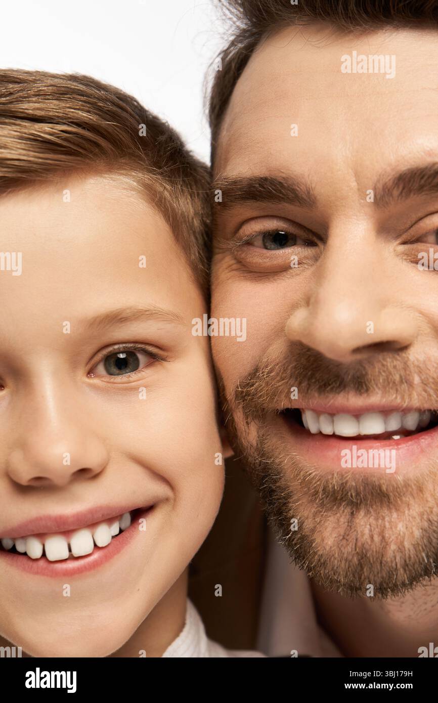 A joyful father and son smile together, enjoying their special bond on ...