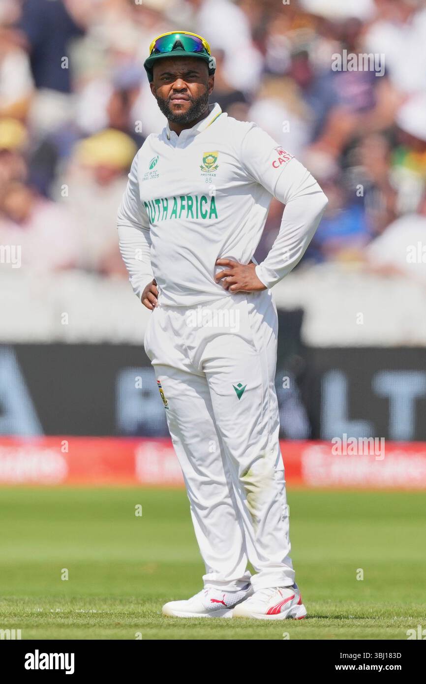South Africa's captain Temba Bavuma looks at the big screen after ...