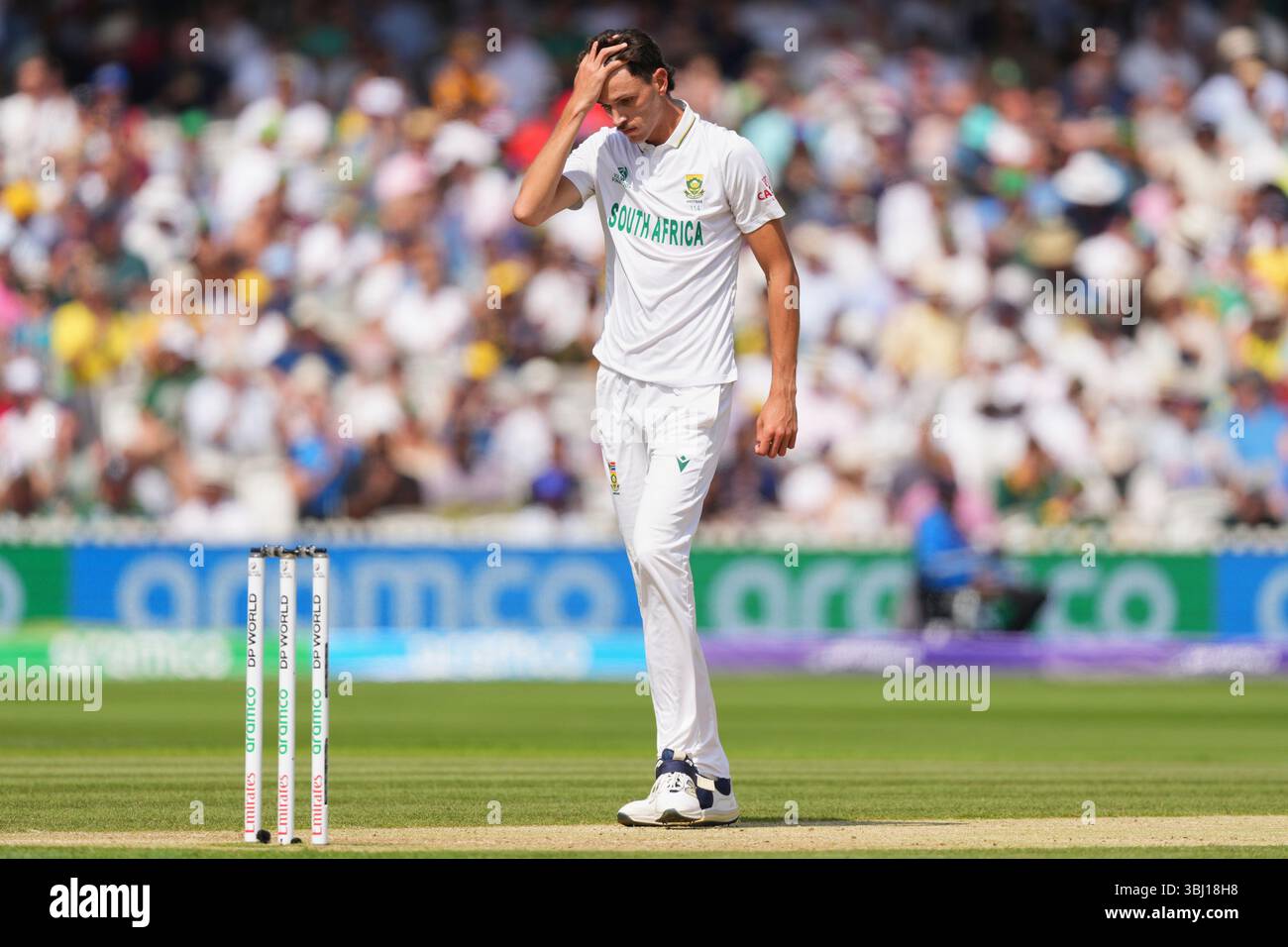 South Africa's Marco Jansen reacts after bowling a delivery on day two ...