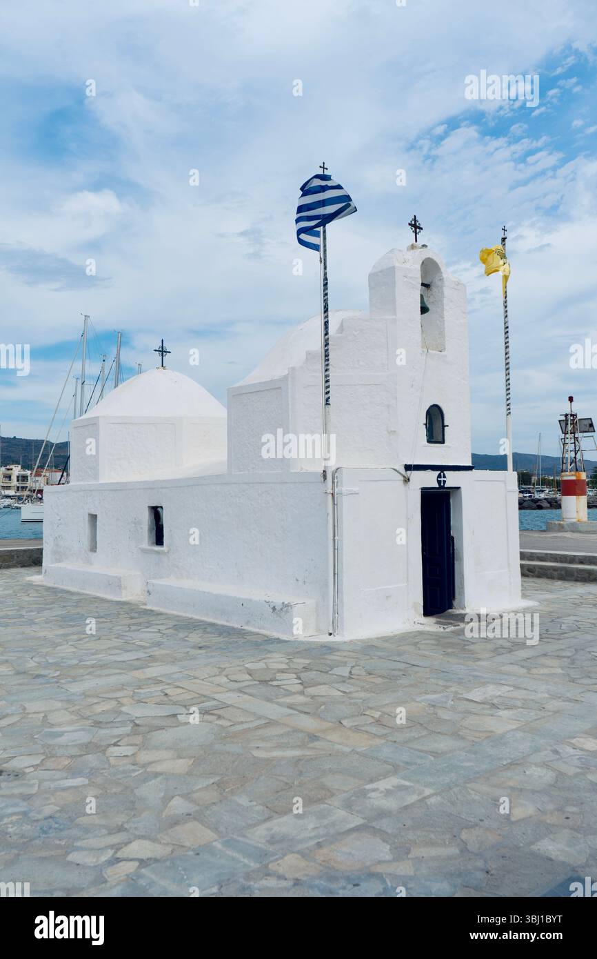 Majestic Greek Church Overlooking Vibrant Marina Stock Photo - Alamy