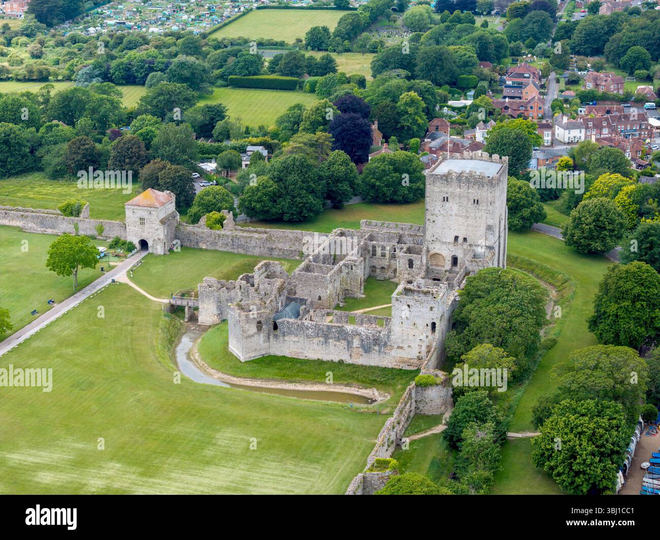 Portchester Castle from the air. View of the 100ft tall Norman keep ...