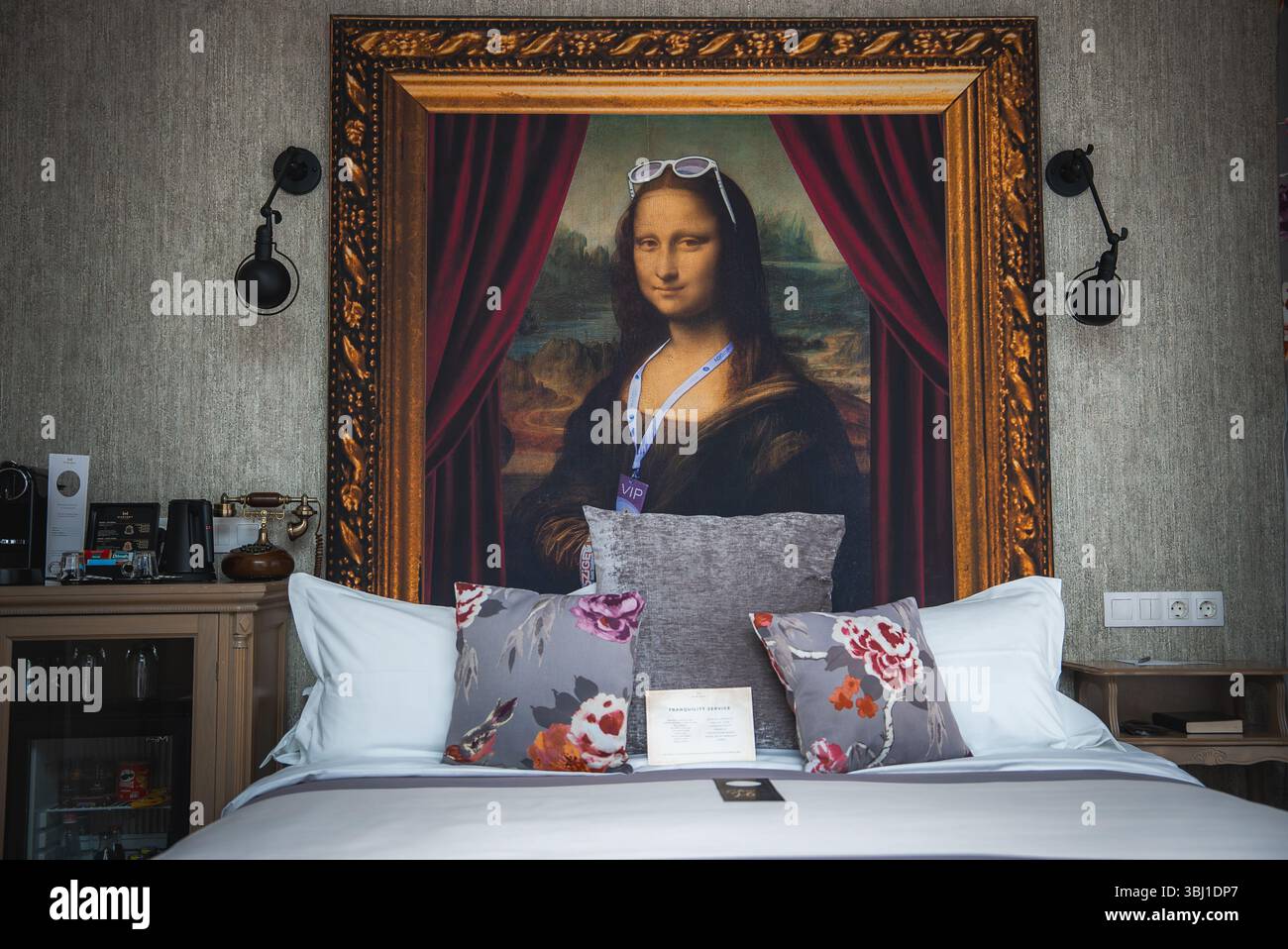 Hotel Room with Mona Lisa Mural, Sunglasses, and VIP Lanyard Stock ...