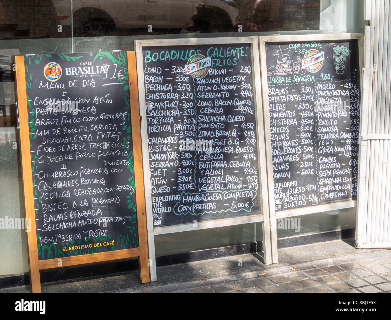 Menu boards in front of a tapas restaurant, in Barcelona, Spain Stock ...