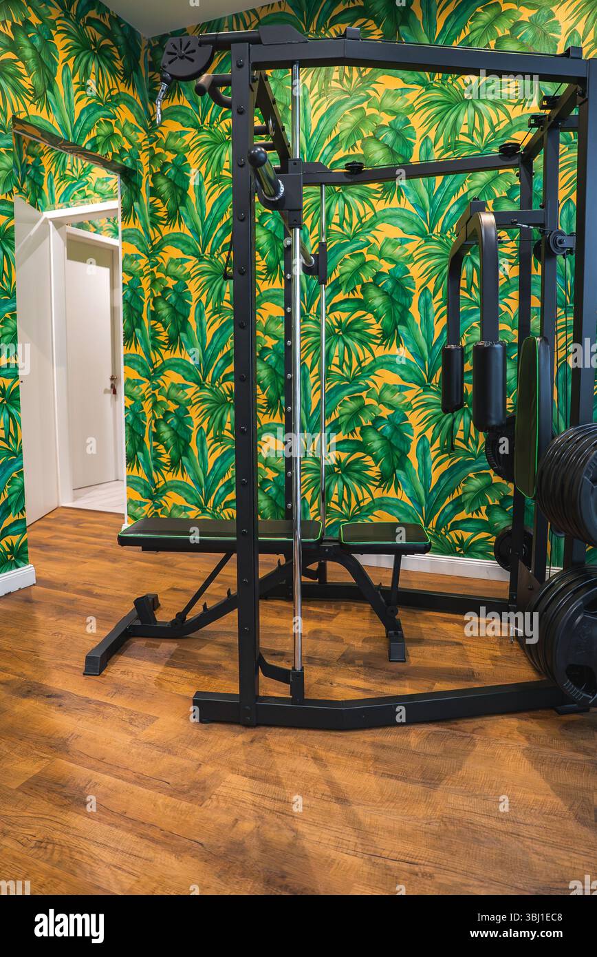 Tropical Themed Gym Area with Leaf Wallpaper and Workout Machine Stock ...