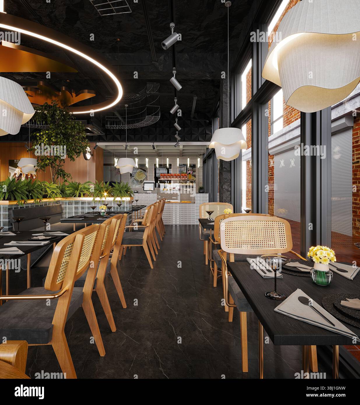 3d render restaurant cafeteria interior Stock Photo - Alamy