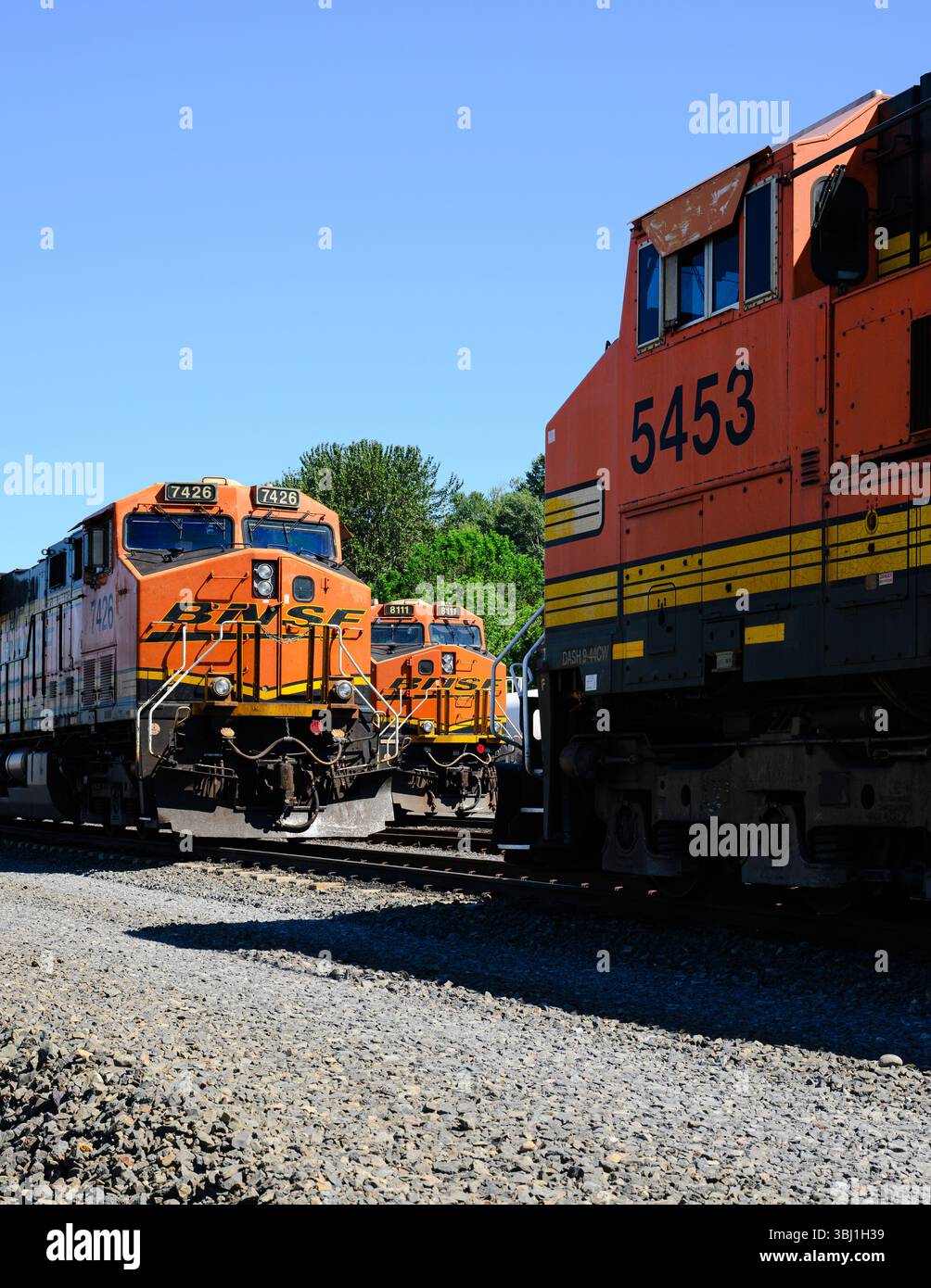 Seattle - June 8, 2025; Group of BNSF locomotives in closeup in orange ...