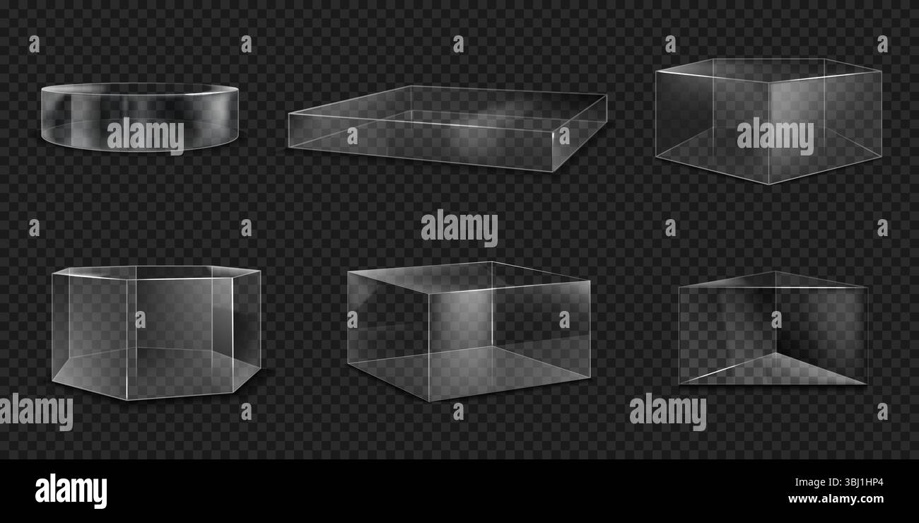 Transparent podium. Glass cylinder or cube. 3D clear box. Product ...