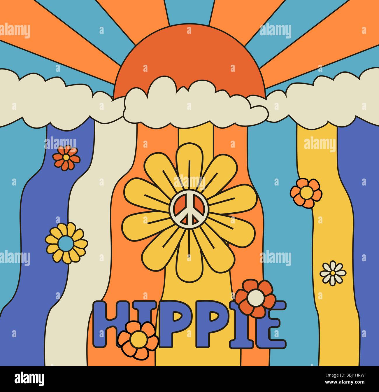 Hippie poster. Cartoon psychedelic banner. Colorful hippy symbols and ...