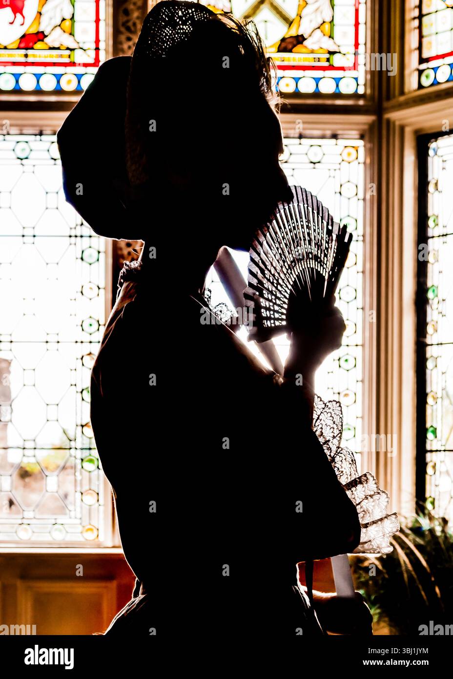 A person in silhouette, wearing a hat and holding a fan, stands in ...