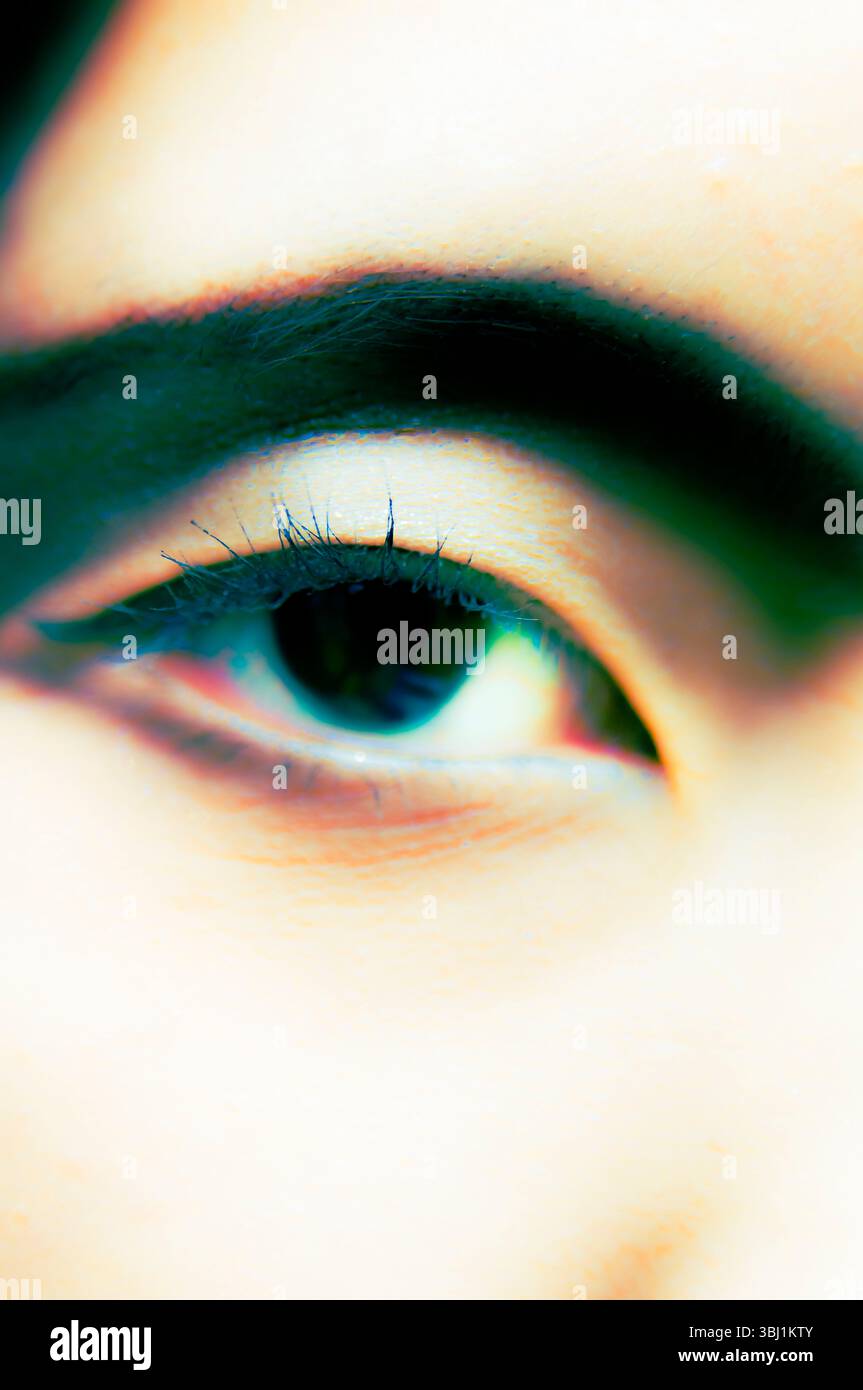 A close-up shot of a human eye, with a focus on the eye's details ...