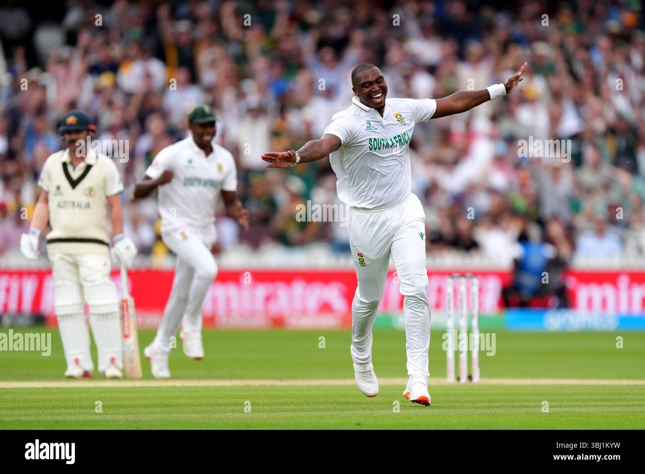 South Africa's Lungi Ngidi celebrates the wicket of Australia's Beau ...