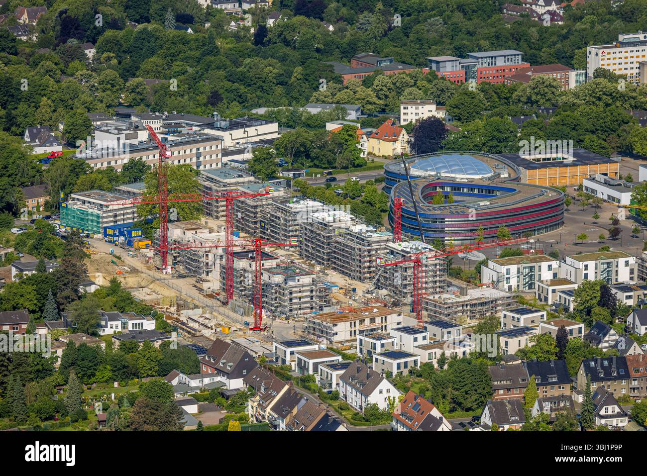 Luftbild, Neues Gymnasium Bochum und Baustelle mit Baukran und Neubau ...