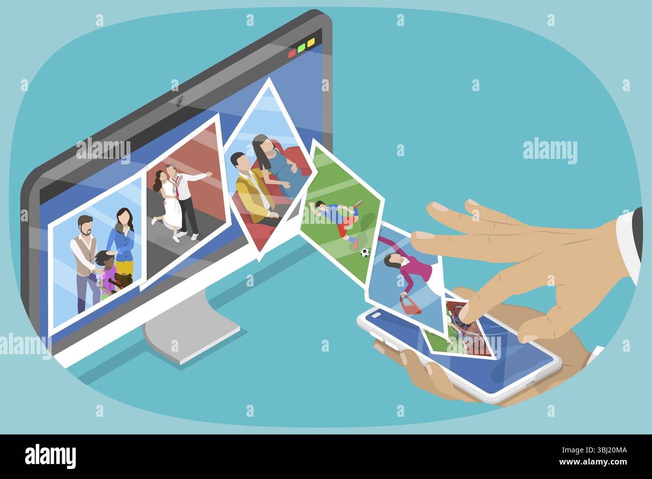 3D Isometric Flat Illustration of Multimedia Transfer, Smartphone ...