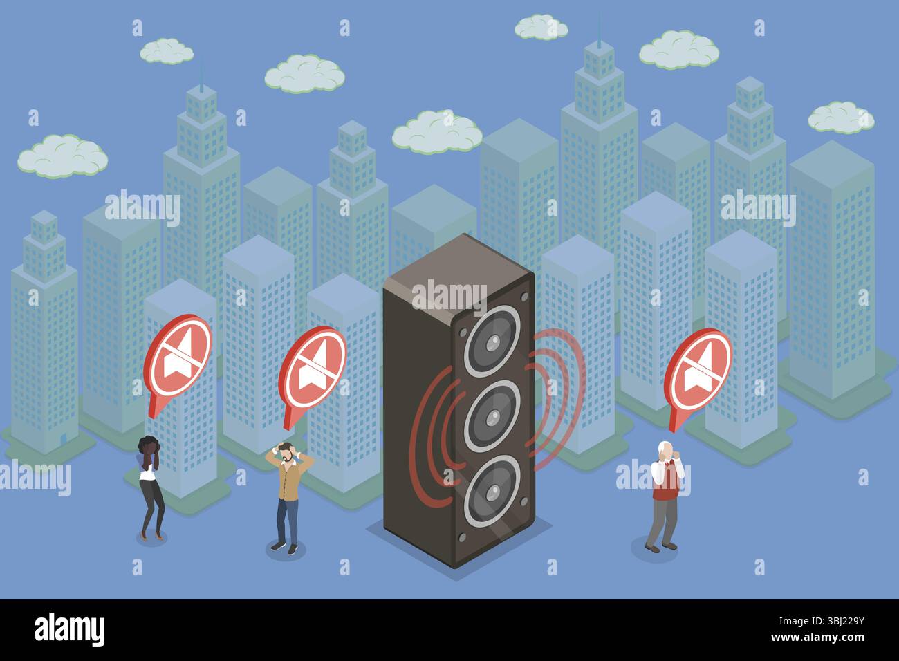 3D Isometric Flat Illustration of Urban Sound Pollution, Impact On ...