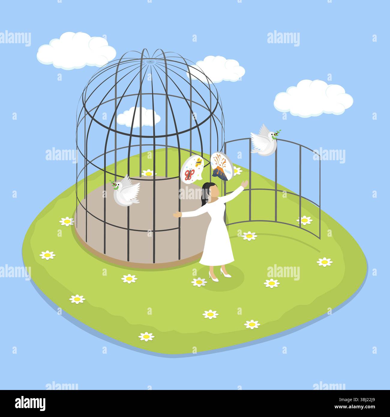 3D Isometric Flat Illustration of Breaking Free, Achieving Independence ...