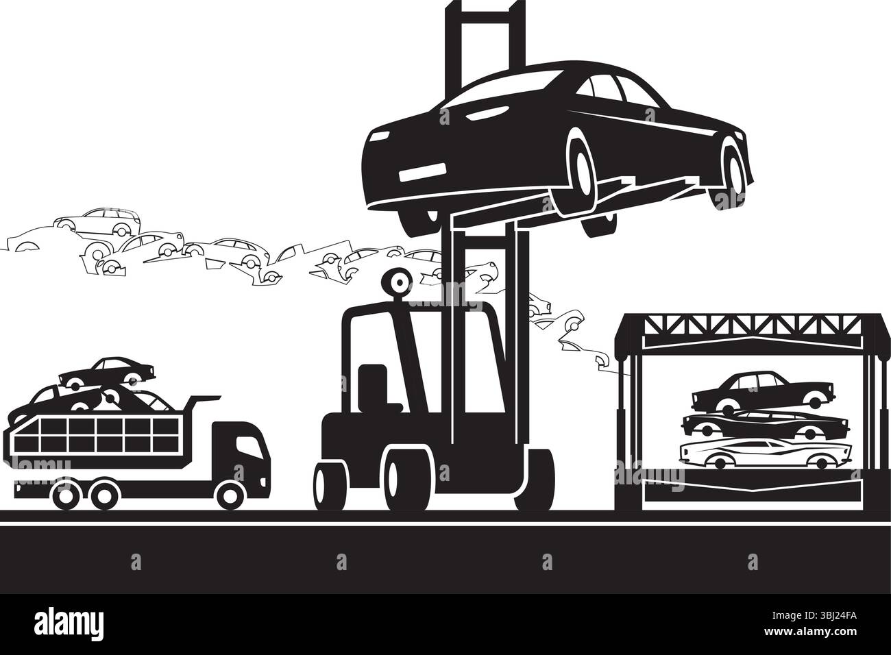 Forklift carrying a car in scrap yard – vector illustration Stock ...