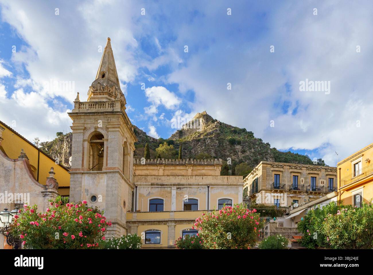Church Chiesa di San Giuseppe in Taormina in front of a deep blue sky ...