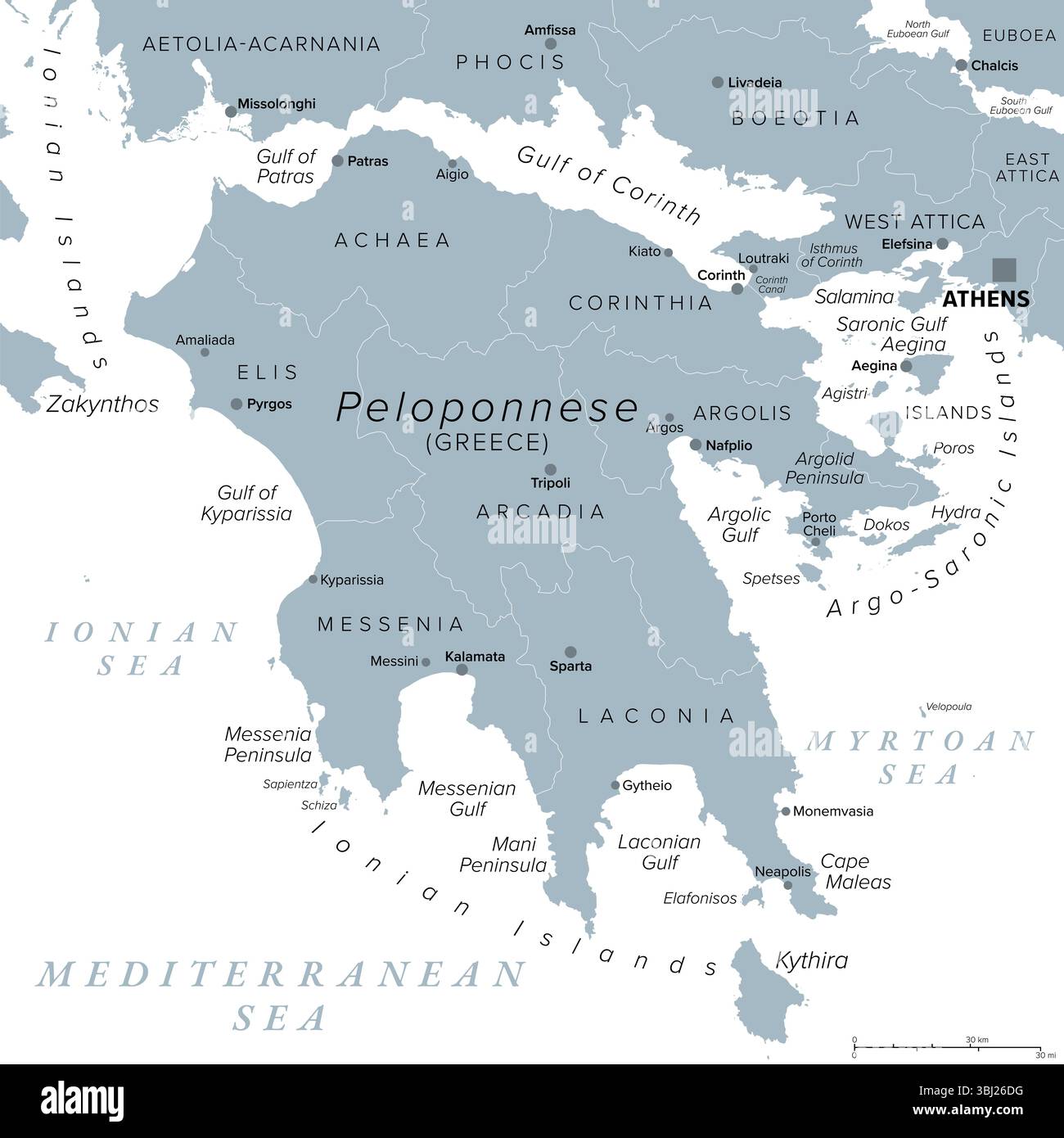 Peloponnese, a peninsula and geographic region in Southern Greece. Gray ...