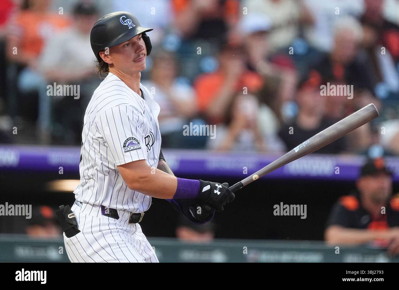 Colorado Rockies left fielder Jordan Beck (27) in the third inning of a ...