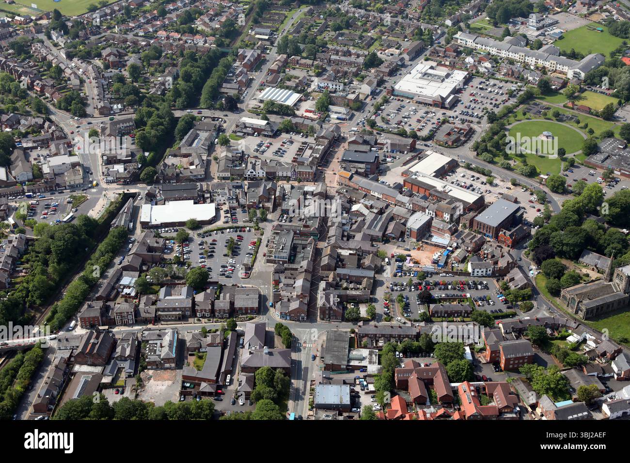 Aerial view of Ormskirk town centre taken from the NE looking SW, Lancashire. Morrisons ...