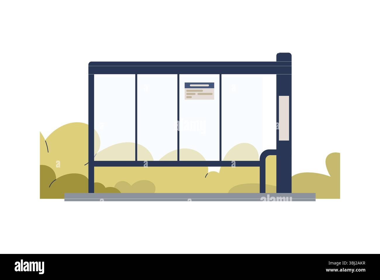 Urban public transit stop with seating bench, roof shelter, and route ...