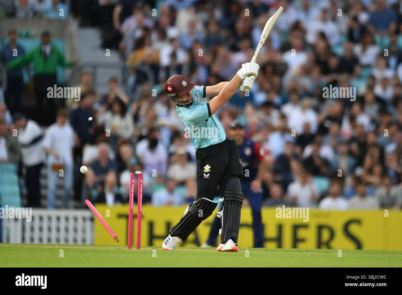 London, England. 12th June 2025. Will Jacks is bowled by Wes Agar ...
