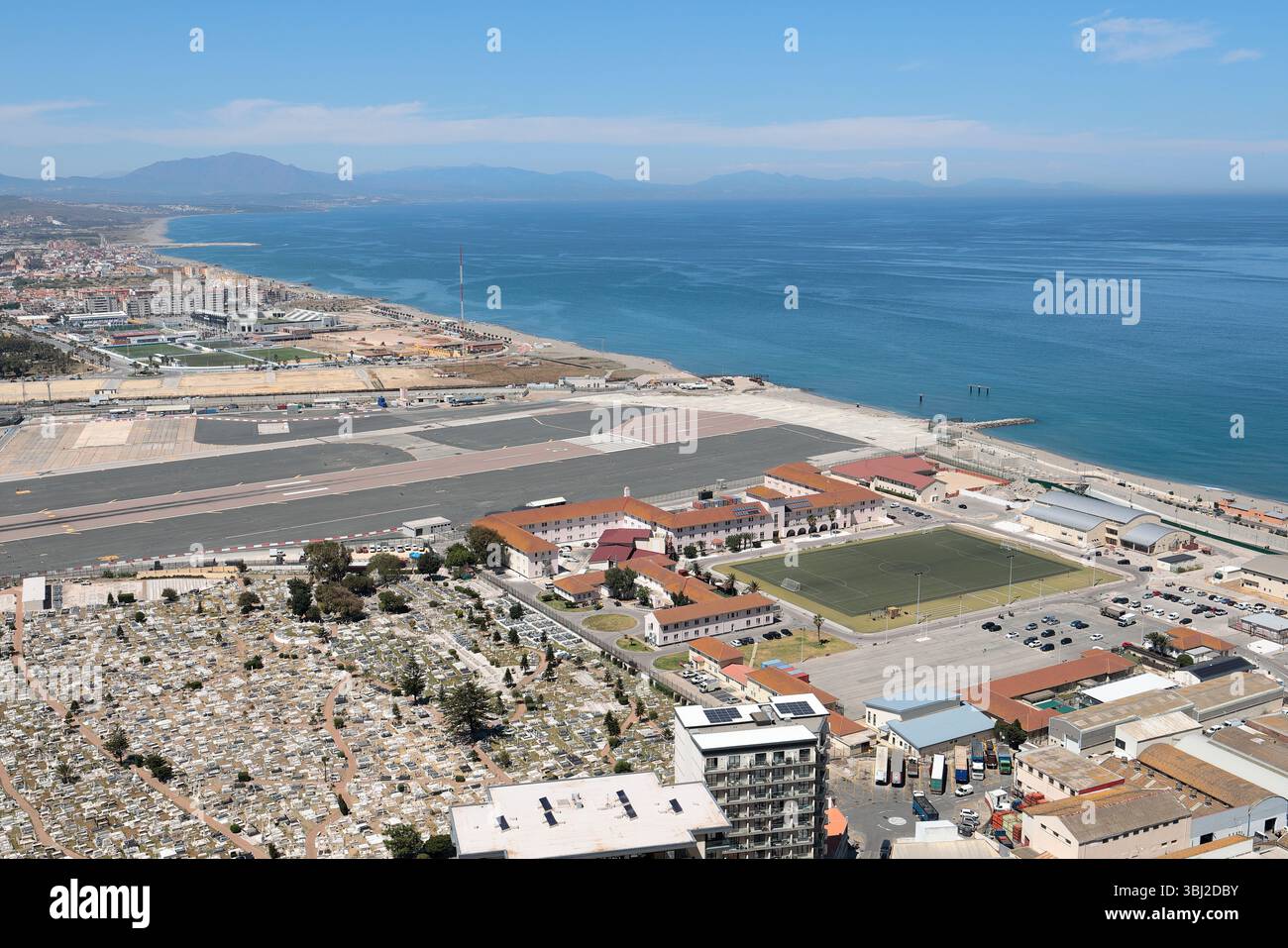 Aerial view of Devil's Tower Camp and the runway at Gibraltar Airport ...