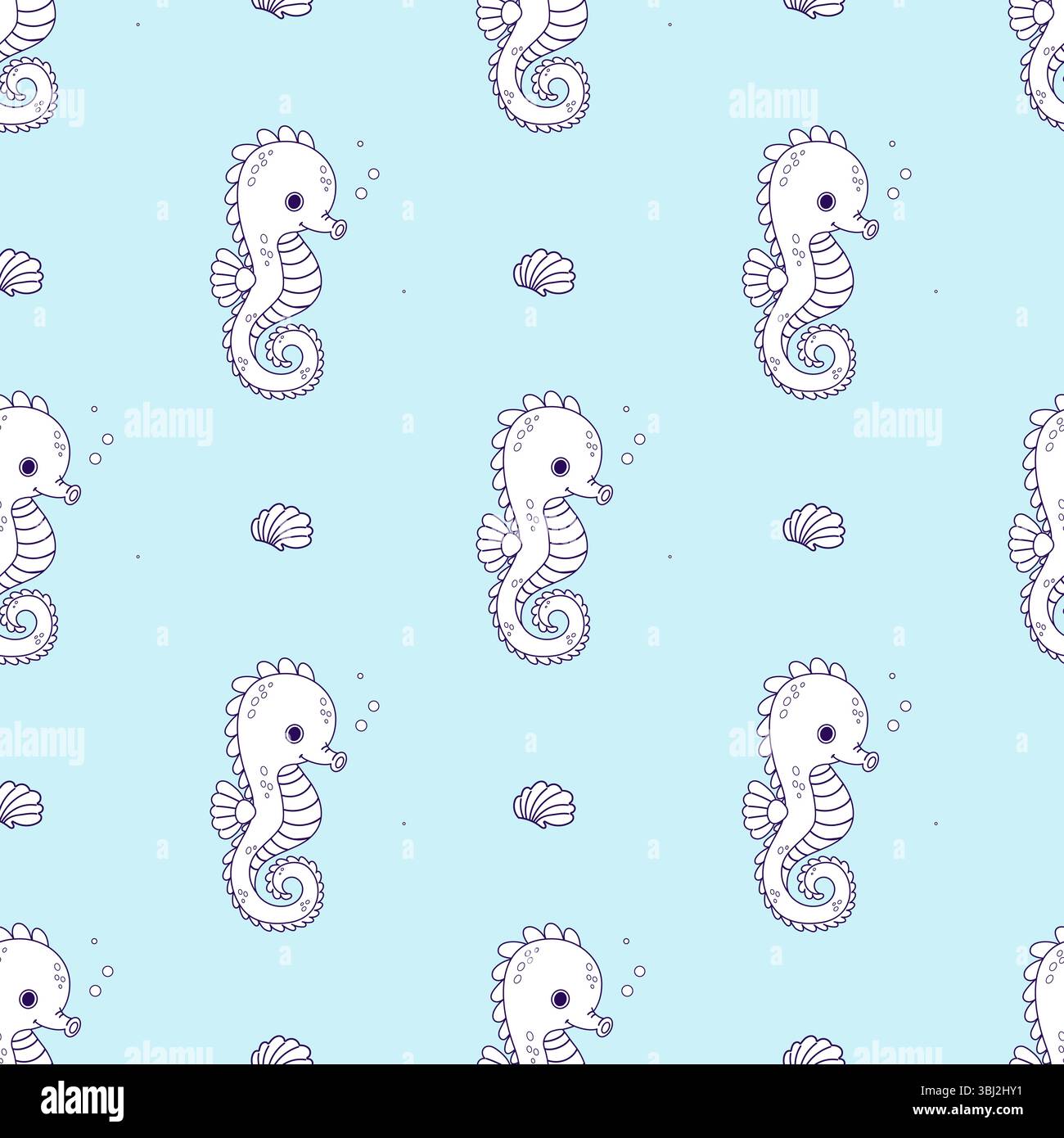Sea Seamless Pattern. Outline Cute Seahorse on light blue Background ...